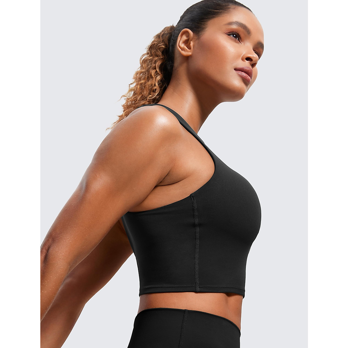 CRZ YOGA Butterluxe Racerback High Neck Longline Sports Bras for Women - Padded Workout Crop Tank Tops with Built in Pads Black Large