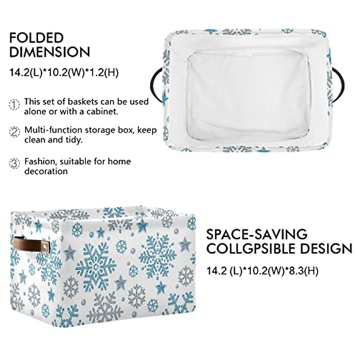 Christmas Snowflake Storage Basket,Blue White Snowflakes Large Storage Bin Fabric Collapsible Organizer Bag with Handles 15x11x9.5 inch