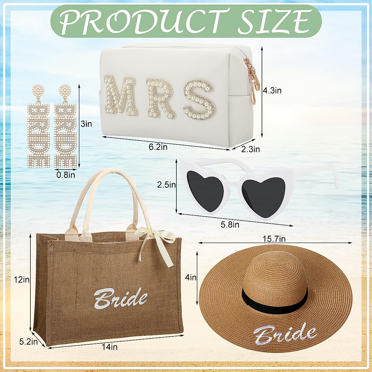 Silkfly 6 Pcs Bridal Shower Gifts Set Summer Bachelorette Party Accessories Bride Beach Bag Sun Hat Heart Sunglasses Rhinestone Bride Earrings MRS Cosmetic Bag for Beach Bride Wifey Wedding Gifts