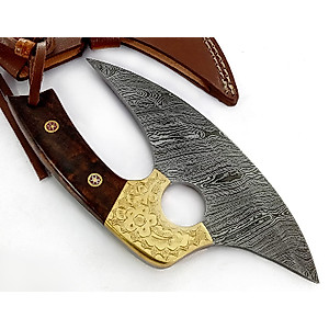 Damascus Steel alaskan Ulu Knife - Fixed Blade knife for Chopping Boning Slicing Cutting,Solid Burl Rose Wood Handle with Leather Sheath.SM145