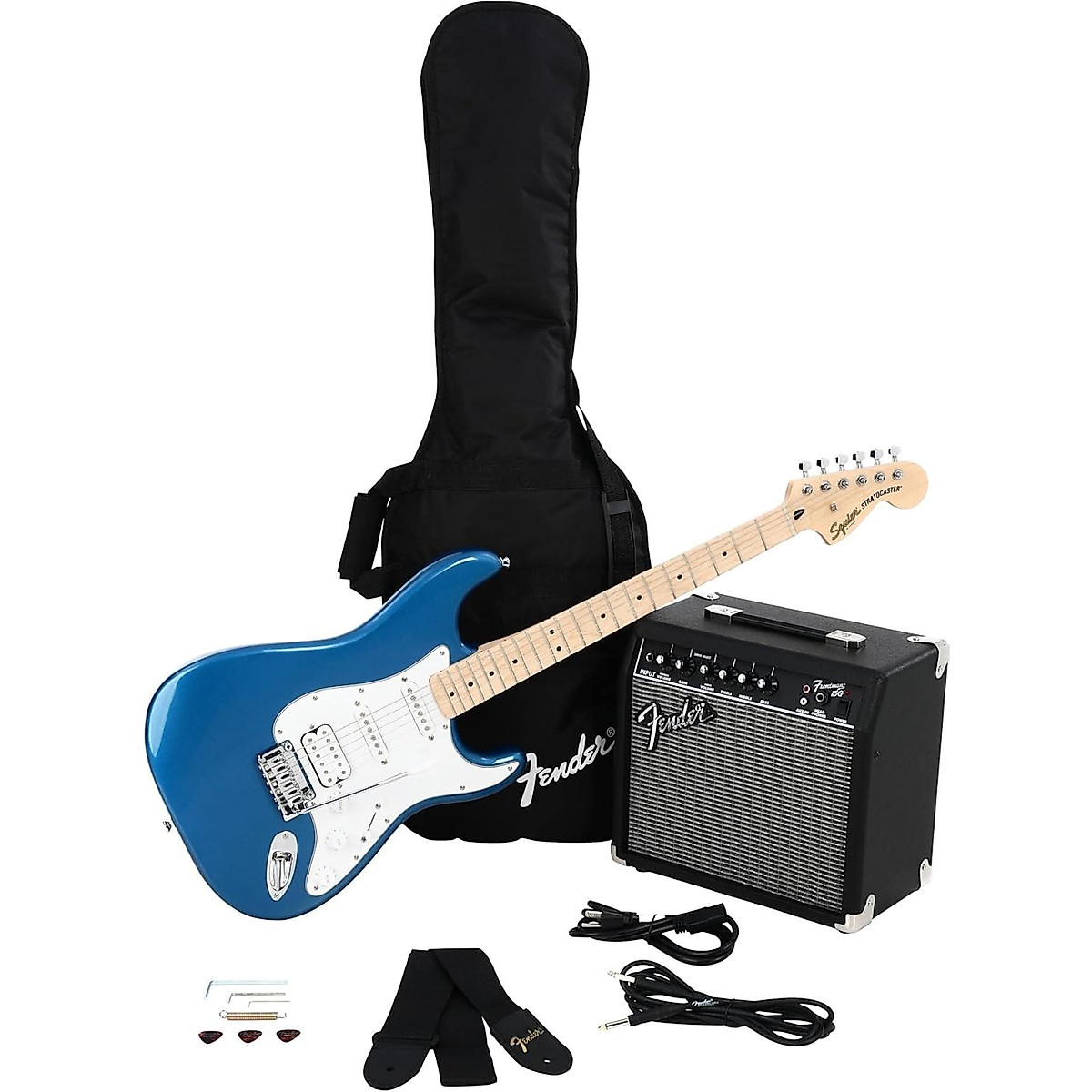 Fender Squier Affinity Series Stratocaster Electric Guitar Kit, with 2-Year Warranty, Lake Placid Blue, Maple Fingerboard with Frontman 15G Amplifier, Padded Gig Bag, Instrument Cable, and More