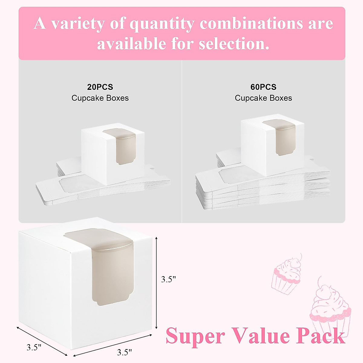 TOXOY 20PCS White Cupcake Containers, 3.5"x3.5"x3.5" Pastry Boxes Cookies Boxes with Window and Inserts for Birthday Party Baby Shower