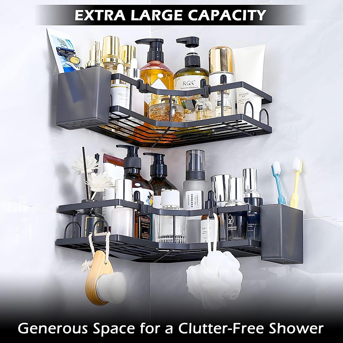 Generic Organizador de ducha esquinero, paquete de 2 estantes organizadores adhesivos de ducha de acero inoxidable a prueba de óxido, estante montado en la pared sin perforaciones, negro, Black