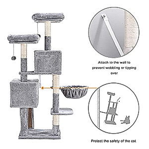 Hey-brother 58'' Multi-Level Cat Tree Condo Furniture with Sisal-Covered Scratching Posts, 2 Plush Condos, Hammock for Kittens, Cats and Pets Light Gray MPJ013M