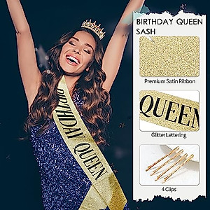 KICOSY Crowns for Women Birthday Queen Sash & Crystal Crown Set Gold Birthday Tiara Birthday Crowns for Women Rhinestone Headband Birthday Sash and Tiara for Women Girls Birthday Decoration