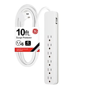 GE 6-Outlet Surge Protector, 10 Ft Extension Cord, Power Strip, 840 Joules, Flat Plug, UL Listed, White, 62932