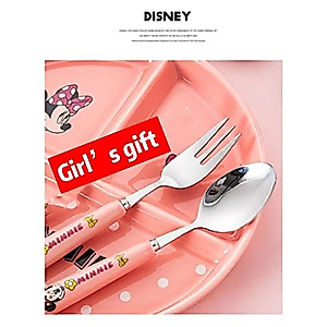 Meet Beauty Ding 1Set Stainless Steel Minnie Spoon Fork Set Pink Kid's Flatware with A Container Girl Children's Tableware Female Student's Cartoon Dinnerware Meal Tool（Made in China