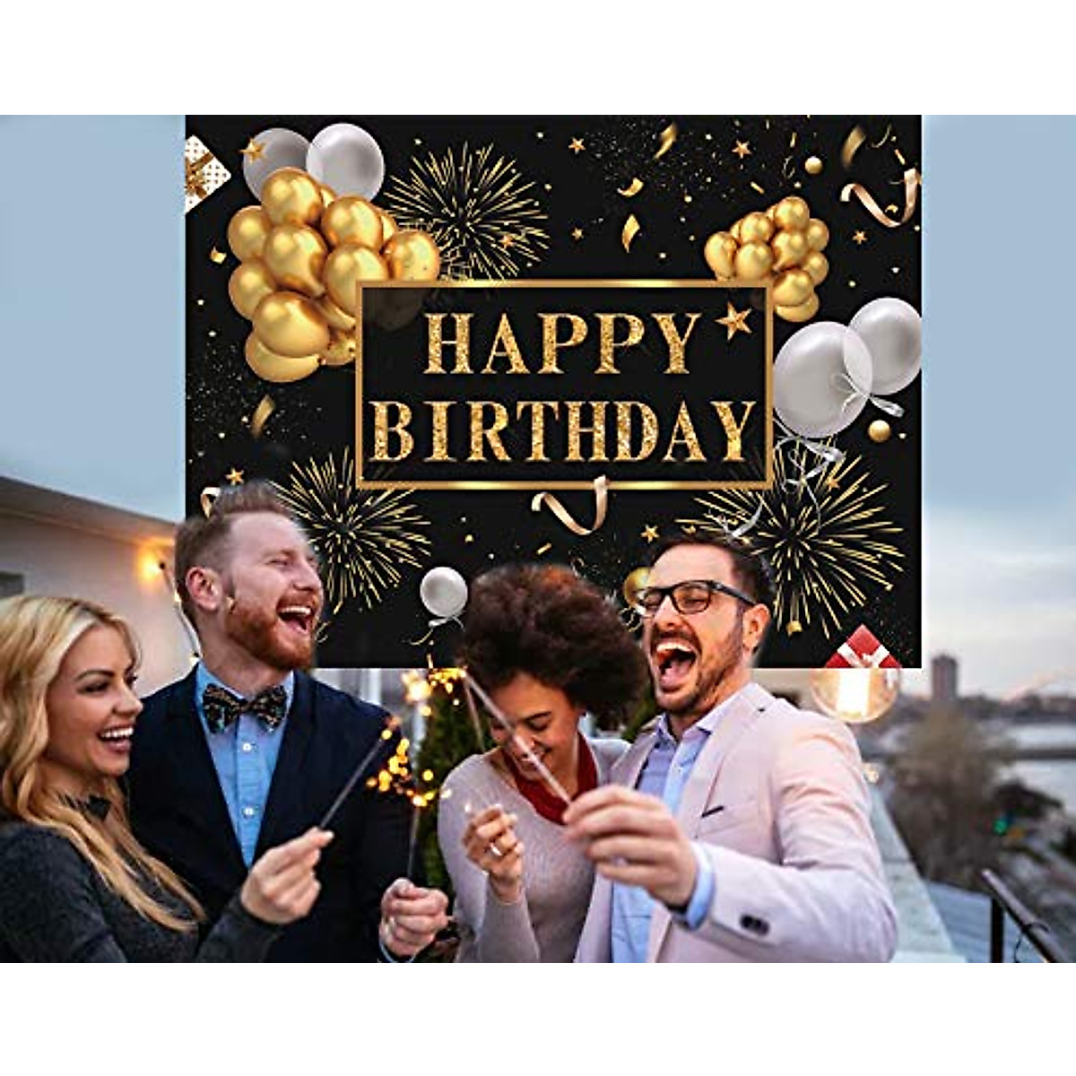 Saliyaa 7x5ft Happy Birthday Backdrop Banner, Birthday Party Decor,Black Gold Poster Photo Booth Backdrop Background Banner for Men Women 30th 40th 50th 60th 70th 80th Bday Party Supplies