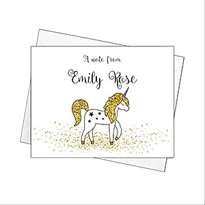 Gold Unicorn Note Cards with Envelopes, Personalized Stationery Set for Girls, Pack of 10 Folded Notecards