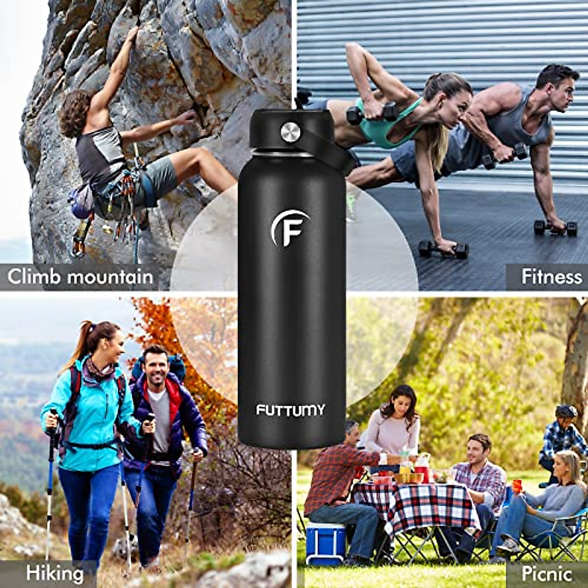 Futtumy Stainless Steel Water Bottle with Straw, 40oz Water Bottle with Spout Lid and Straw Lid, Double Wall Vacuum Insulated Water Bottle, Thermal Bottle for Sports, Travel, School, Gym (Black)