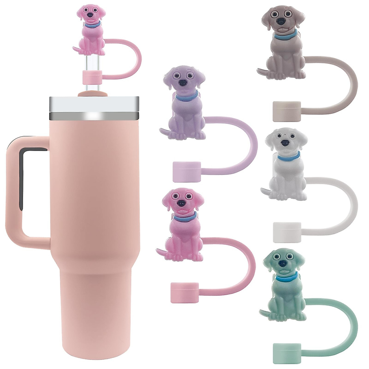 Velaco 5Pcs 0.4in/10mm Diameter Silicone Straw Covers Cap Compatible with Stanley 20 30&40 Oz Cup, Cute Dog Straw Toppers for Stanley 40 Oz Tumbler with Handle, Dust-Proof Straw Caps for Water Bottle