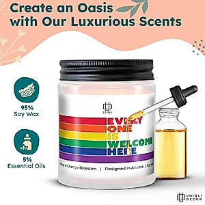 Everyone Is Welcome Here LGBTQ Candle - Diversity Decorations Honey & Orange Blossom Scented Candle, LGBTQ Merch, Gay Pride Candles for Men Women Gay Lesbian, Birthday Rainbow Candles, Unique Gifts