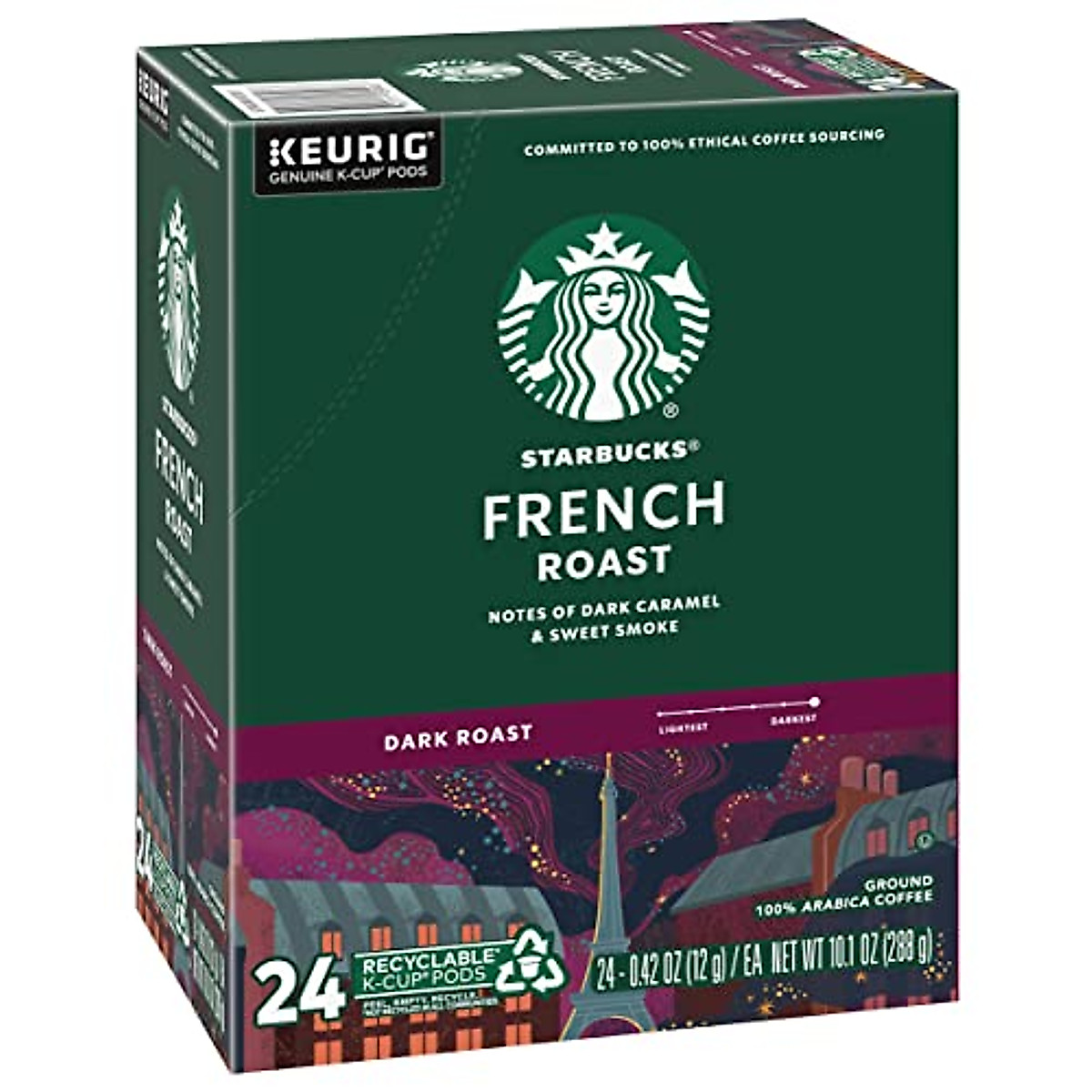 Starbucks Coffee K-Cup Pods, French Roast, Dark Roast Coffee, Notes of Dark Caramel & Sweet Smoke, Keurig Genuine K-Cup Pods, 24 CT K-Cups/Box (Pack of 1 Box)