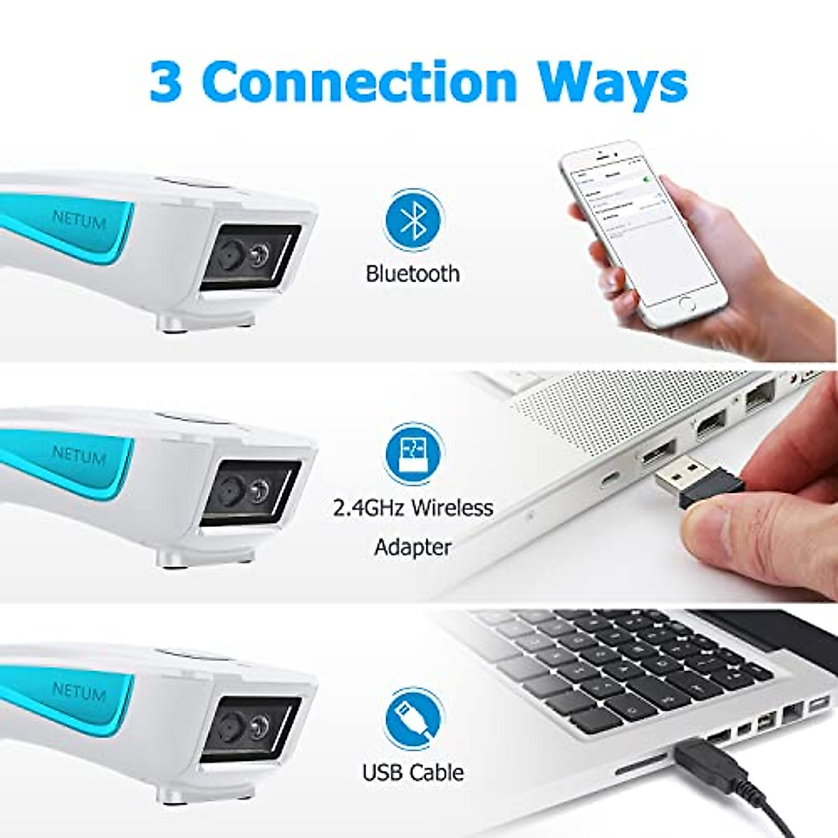 NETUM Upgraded Mini Bluetooth 2D QR Barcode Scanner, 3 in 1 Wireless Portable Pocket Small 1D 2D Bar Code Reader, Automatic Fast, Precise scanning for POS, C850 White