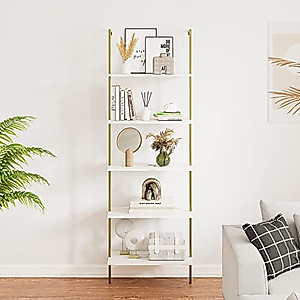 Wolawu 5 Tiers Ladder 2-Piece Shelf White Marble Modern Bookshelf Open Tall Wall Mount Bookcase Standing Leaning Wall Shelves Industrial Decorative