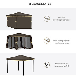 Outsunny 10' x 10' Patio Gazebo, Aluminum Frame Double Roof Outdoor Gazebo Canopy Shelter with Netting & Curtains, for Garden, Lawn, Backyard and Deck, Coffee