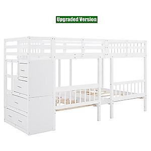 SNIFIT Latest Upgraded & Stronger Triple Bunk Bed Full Over 2 Twin Bunk Bed with Storage Drawers, Thickened Enhanced Solid Wood Triple Bunk Bed Frame with Safer Staircase, Easier to Assemble (White)