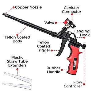 Spray Foam Gun, Wolline (2 Foam Gun + 8 Nozzle) Spray Foam Insulation Gun, Teflon-Coated Professional Expanding Spray Foam Applicator, Foam Dispensing Gun, Insulating Foam Applicator Red - 2 Pack