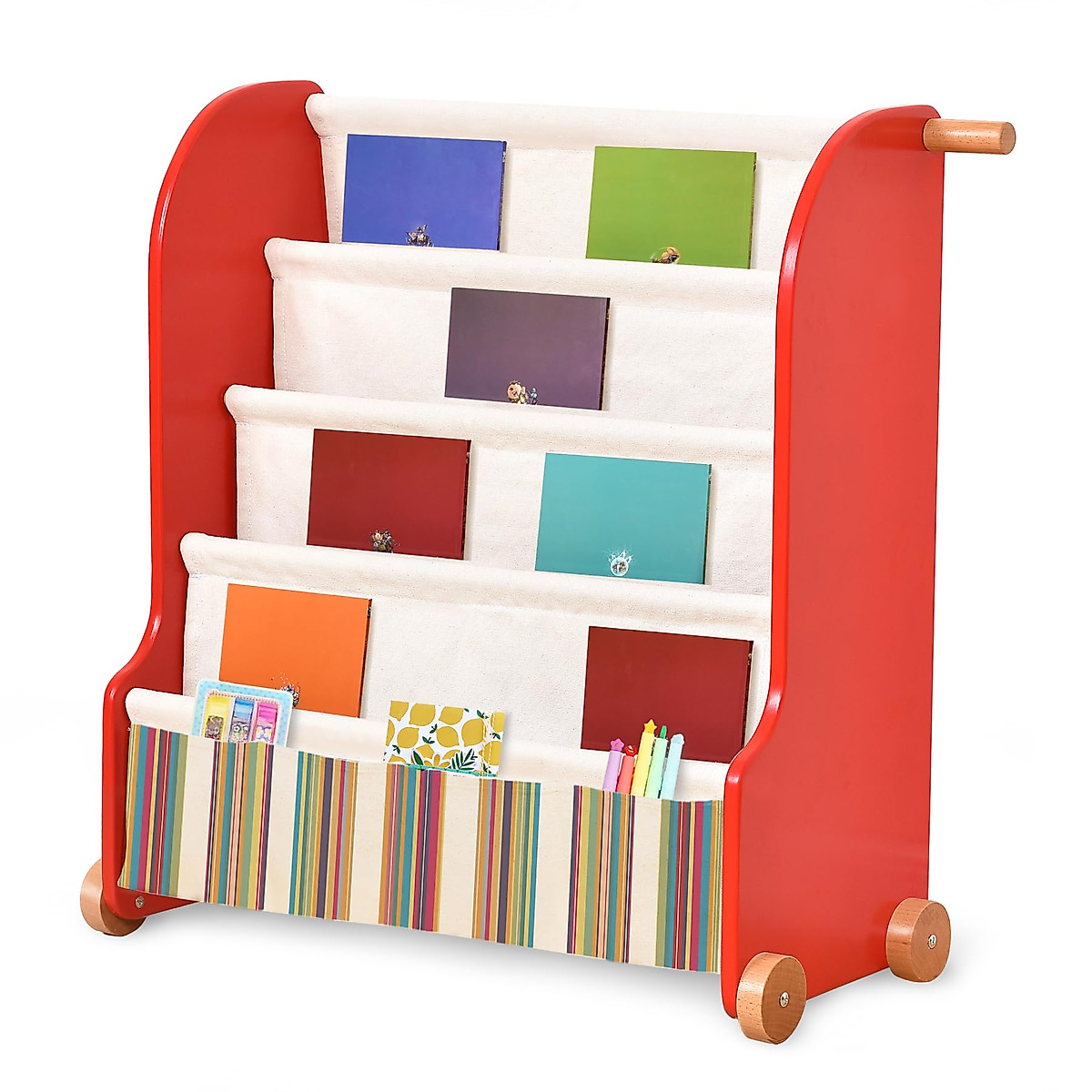 Bolocon Kids Car-Shaped 5-Tier Sling Book Rack Features Two Top Handles for Toddler Boys and Girls Gift,Storage Bookcase Bookshelf Organizer with Deep Canvas Sleeves (Racing Red)