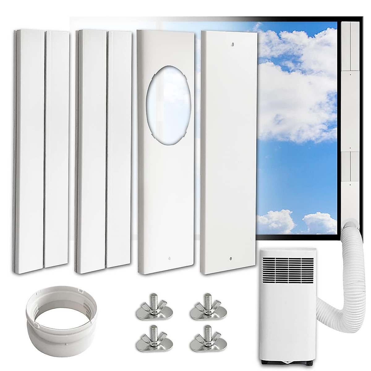 JEACENT Portable AC Window Vent Kit - Complete Air Conditioner Window Kit, Adjustable PVC Window Seal Kit Panels Up to 60 Inches, for Universal Thread AC Exhaust Hose of 5.1" and 5.9" Diameter