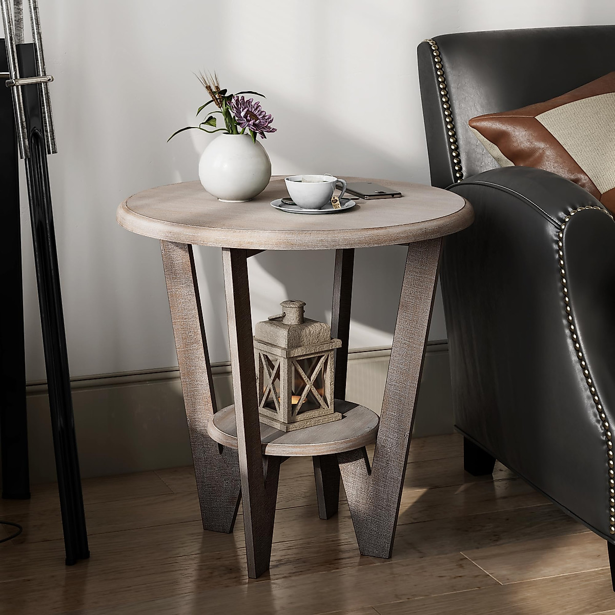 COZAYH Rustic Farmhouse end Table with Storage Shelf, French Country Accent Side Table for Family, Dinning or Living Room, Small Spaces, Modern, Round, Vintage Grey Finish