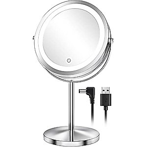 ALHAKIN Lighted Makeup Mirror, 10x Makeup Mirror with Lights, 7 Inch Double Sided Magnifying Vanity Mirror with 3 Color LED Dimmable Desk Lit Cosmetic Mirror, Chrome