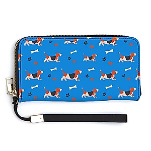 Cartoon Basset Hound PU Leather Clutch Wallets Long Zip Purse Tote Handbag With Removable Wristlet For Women Girl's