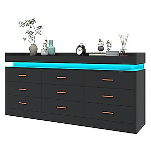 Hlivelood 9 Drawer Dresser with LED Light and Charging Station, Modern Chest of Drawers for Closet, Wide Drawer Organizer Cabinet for Bedroom, Living Room, Entryway, Hallway(9 Drawer Black)