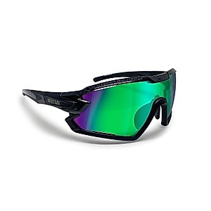 Bertoni Sport Sunglasses Cycling MTB Running Ski Golf Removable Sport Prescription Carrier Included mod. Quasar (Black/Green Mirror)