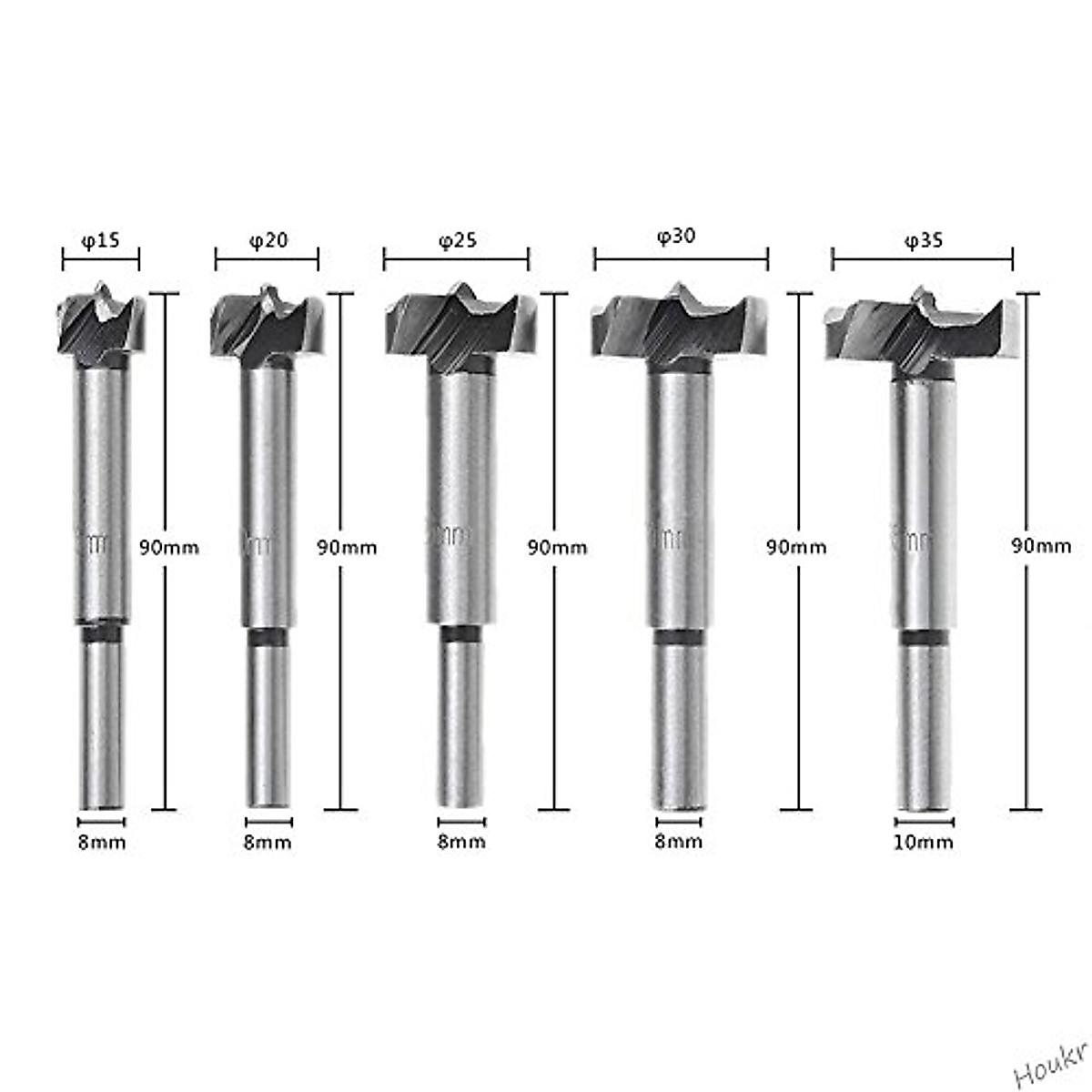 Houkr 5PCS Forstner Drill Bits Sets/15-35mm High Carbon Steel Long Round Shank Hinge Hole Cutter Drill Bit Set for Wood Plastic Plywood, Forstner Bit