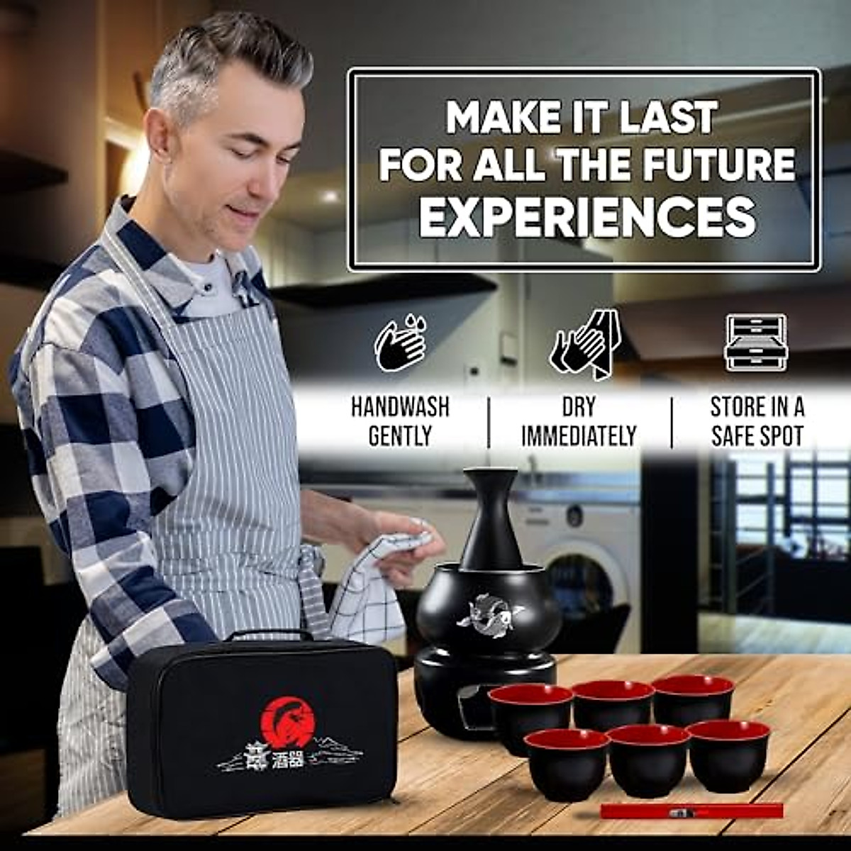 Japanese Sake Set with Warmer | 11 pc | 6 sake cups only | non electric sake warmer | sake bottle | candles | lighter | bamboo sake flight tray for sake cup set | bomb gift kit for chinese sake set