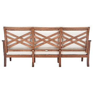 SAFAVIEH Couture Home Collection Payden Natural Wood/Beige Cushion 3-Seat Outdoor Patio Sunroom Porch Backyard Veranda Sofa