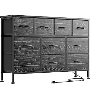 YaFiti Dresser TV Stand with Power Outlet, 43" Long Dresser for Bedroom with 10 Fabric Drawers, Chest of Drawers for Living Room, Hallway (Black Wood Veins)