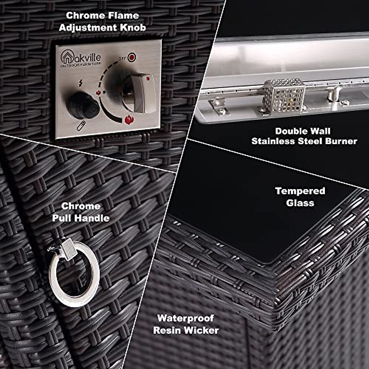 OAKVILLE FURNITURE 44 in Propane Fire Pit Table, 50000 BTU Rectangular Outdoor Gas Fire Pit, Brown Wicker Aluminum Tabletop in Tempered Fire Glass for Outside Patio Garden, Backyard