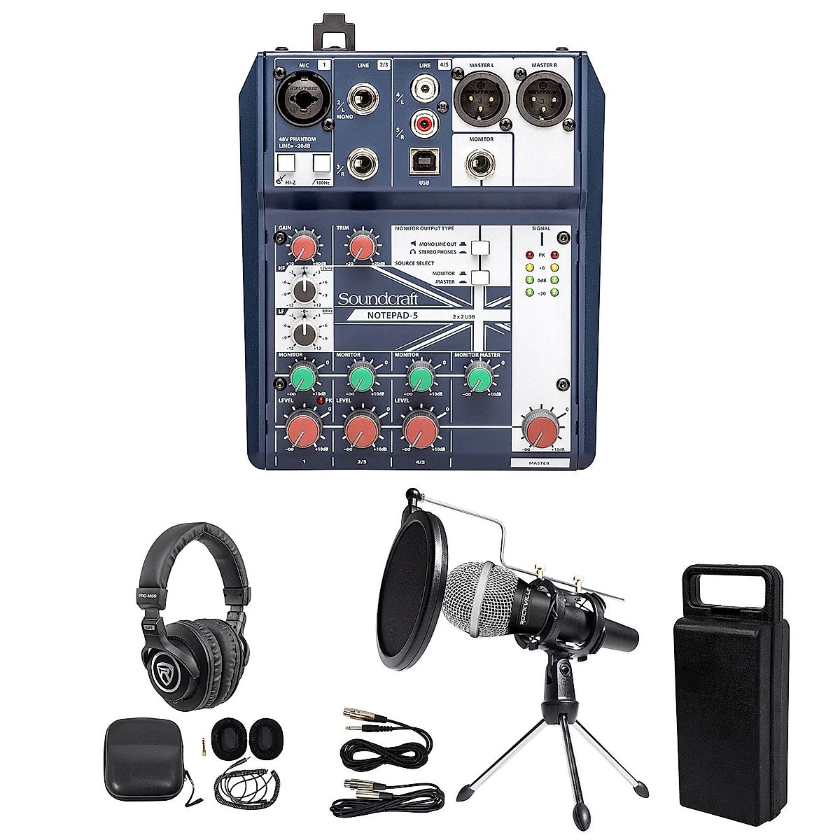 Soundcraft Notepad-5 Channel Podcast Mixer Podcasting Interface Bundle with Rockville PRO-M50 Studio Headphones, RMC-XLR Handheld Wired Mic and RTMS21 Desktop Tripod Mic Stand with Pop Filter