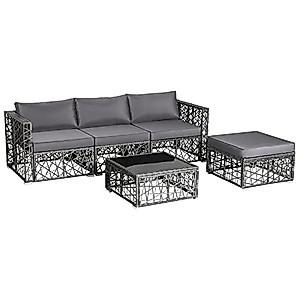 Tangkula 5 Pieces Patio Furniture Set, Patiojoy All Weather Heavy Duty Outdoor PE Rattan Wicker Sectional Cushioned Sofa Set with Tempered Glass Coffee Table and Ottoman for 4, Poolside, Garden (Grey)