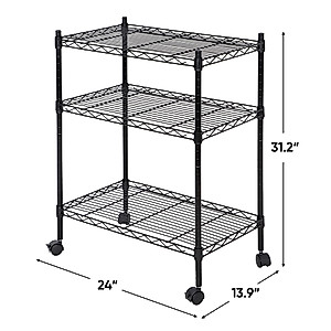 ZENY 3-Shelf Heavy Duty Shelving Storage Unit with Casters, Metal Organizer Wire Rack for Kitchen, Office, Garage, Black