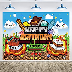 Pixel Video Game Theme Backdrop Children Boy Happy Birthday Party Decoration Banner Miner Mining Earth Block Banner Pixel Cartoon Photography Props (7x5FT(210X150cm))