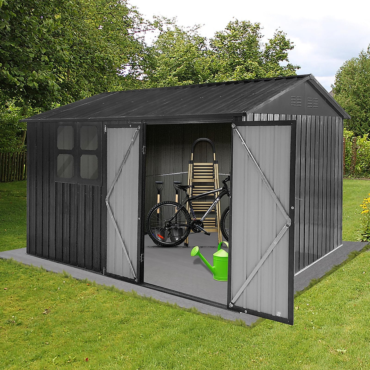 Jintop 10x8 FT Metal Frame Garden Sheds with Lockable Doors and Window,Outdoor Single-Storey Roofed Storage Shed,w/Waterproof Roofs,for Storing Bicycles,Lawnmowers,Barbeques,Dark-Grey