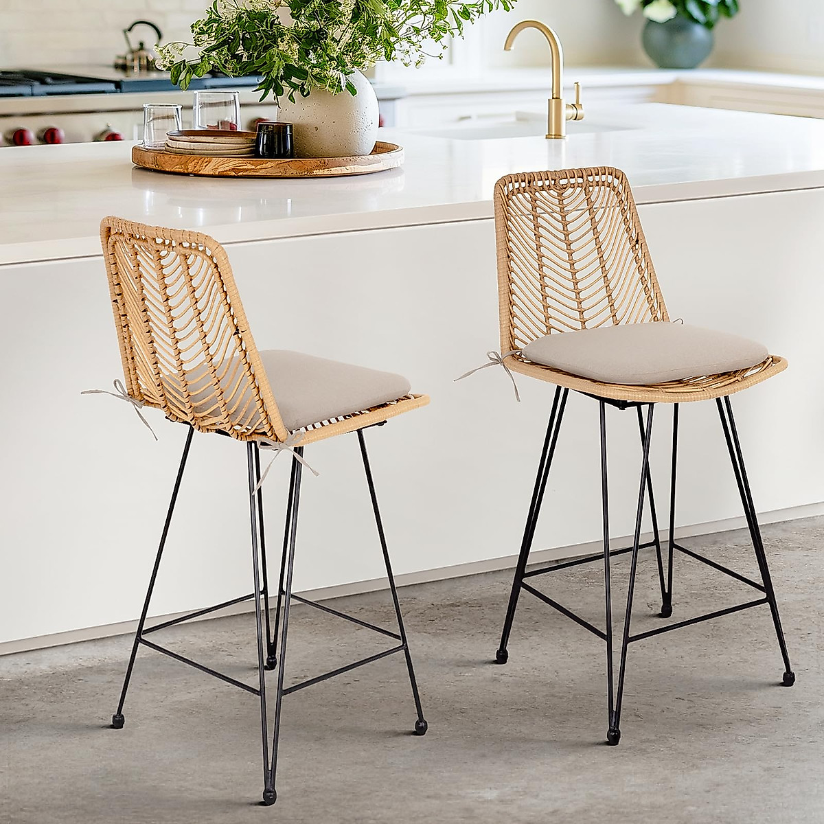 IDZO Rattan Counter Height Bar Stools Upgraded, 36.5" Tall, 400lbs Weight Endurance, Steel Frame, Plush Cushions, Ideal as a Bar Stools Set of 2