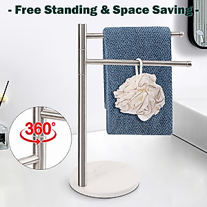 BathAce Hand Towel Holder, F-Shape Hand Towel Stand with Marble Base, Stainless Steel Swivel Stand Hand Towel Rack Free-Standing Towel Bar for Bathroom Kitchen Countertop, 2 Arms (Brushed Nickel)