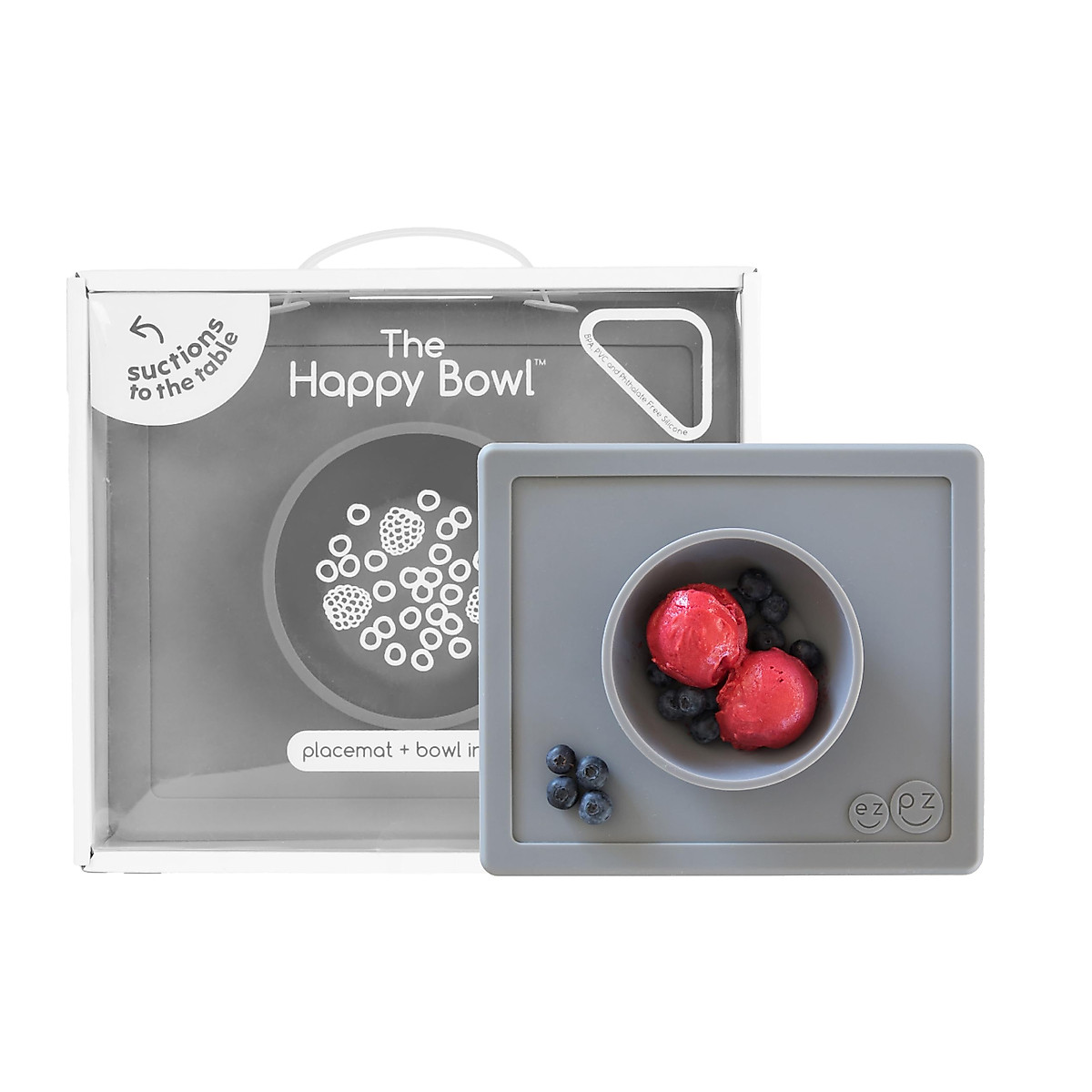 ezpz Happy Bowl - 24 Months + (Gray) - 100% Silicone Suction Bowl with Built-in Placemat – Dishwasher Safe