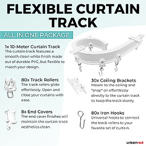 UrbanRed Flexible Bendable 32.8FT 10m Ceiling Curtain Track for Room Divider, Shower, Curved Slide Rail, White
