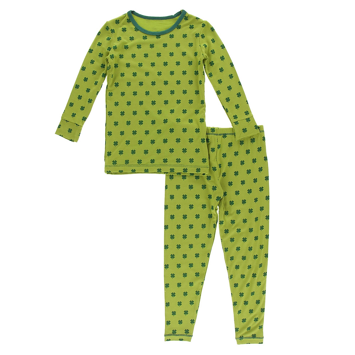 KicKee Pants St. Patrick’s Pajama Set in Long Sleeve Tee, Four Leaf Clover, Snug Fitting PJs (Meadow Clover - 5 Years)