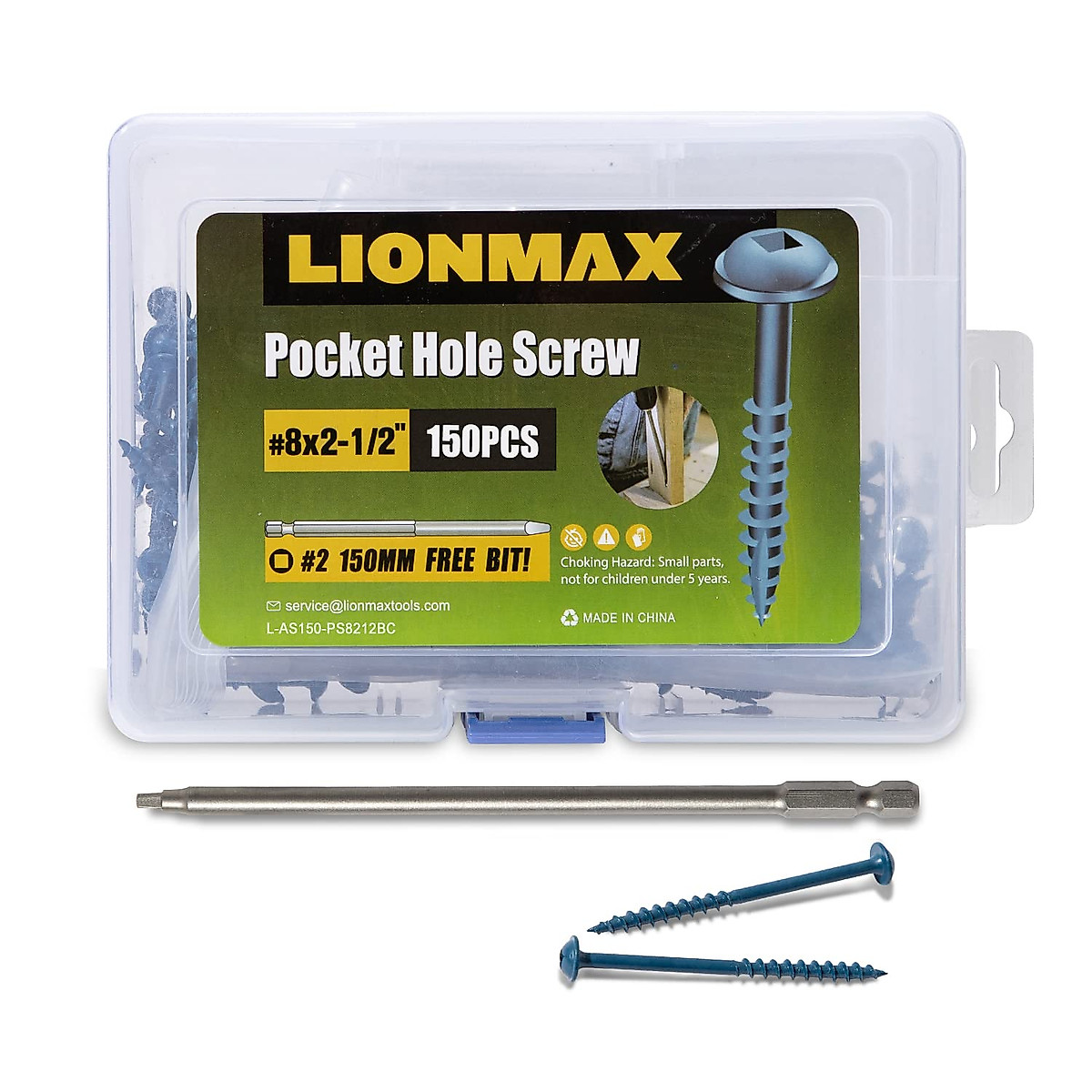 LIONMAX Pocket Wood Screws #8 x 2-1/2", 150PCS Wood Screws for Pocket Hole, Washer Head with Square Drive, Coarse Thread, Blue Coated for Weather Resistant, Self Tapping, 150MM Drive Bit Included