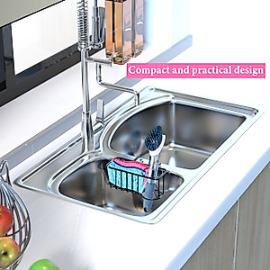 JOFUYU 2-in-1 Sponge Holder for Kitchen Sink + Dish Brush Holder, Sink Sponge Organizer Basket Rack, SUS304 Stainless Steel - Black