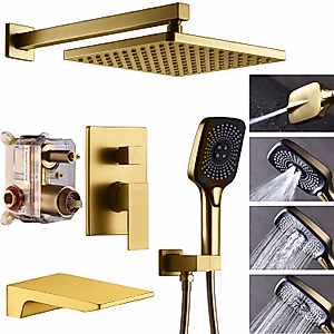 YESIMI Shower System with Tub Spout 10 Inch Overhead Shower 4 Setting Handheld Spray Rough In Pressure Balance Valve Body with Trim Kit Wall Mounted Rainfall Bathtub Shower Faucet Set (Brushed Gold)