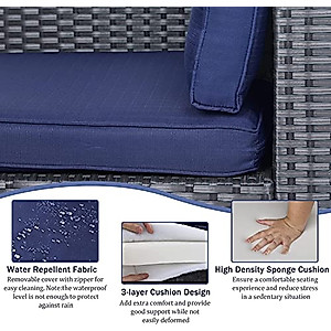 MFSTUDIO 2 Pieces Patio Furniture Set,Outdoor Rattan Sectional Sofa Set,Small Patio Conversation Set with Navy Blue Cushions