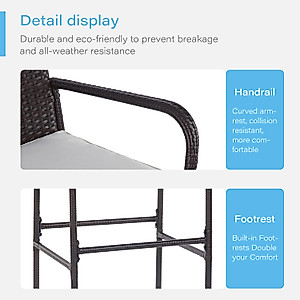 PayLessHere 30" Patio Bar Stools Set of 2 Wicker Outdoor Bar Chairs Rattan Chairs All-Weather Patio Furniture with Footrest Armrest and Khaki Cushion for Garden Pool Lawn Backyard, Brown