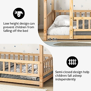 LLS Twin Size House Bed for Children Solid Wood Floor Bed Frame with Fence Guardrails and Roof Montessori Bed Playhouse Bed for Children Girls and Boys, Natural(No Bed Slats)